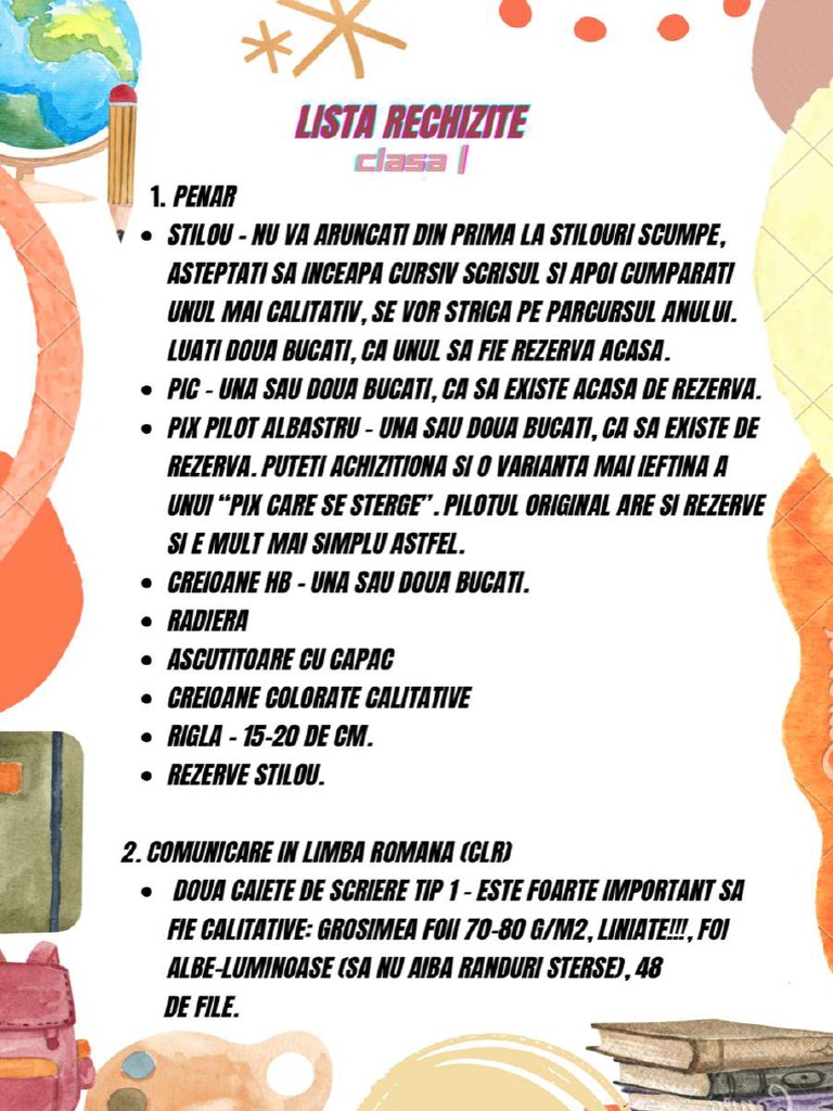 Lista de Rechizite Pentru Clasa I | PDF
