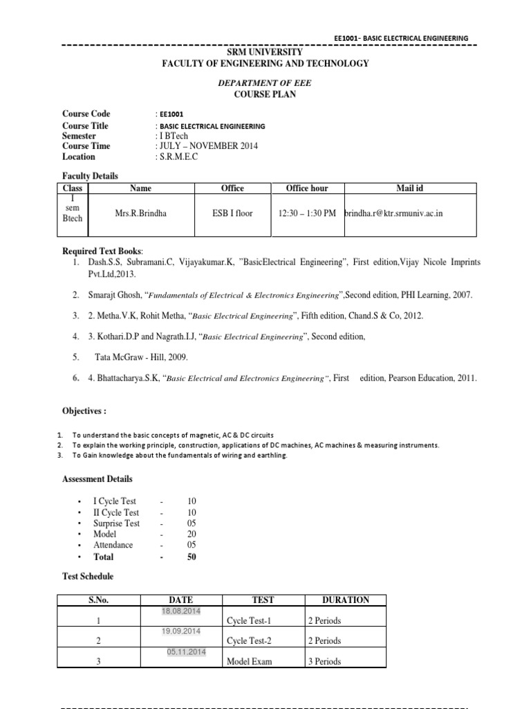 EE1001 Course Plan: Basic Electrical Engineering | PDF ...
