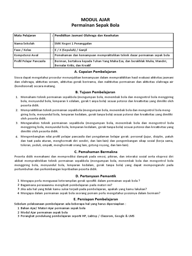 Modul Ajar Pjok Sepak Bola Fase e | PDF
