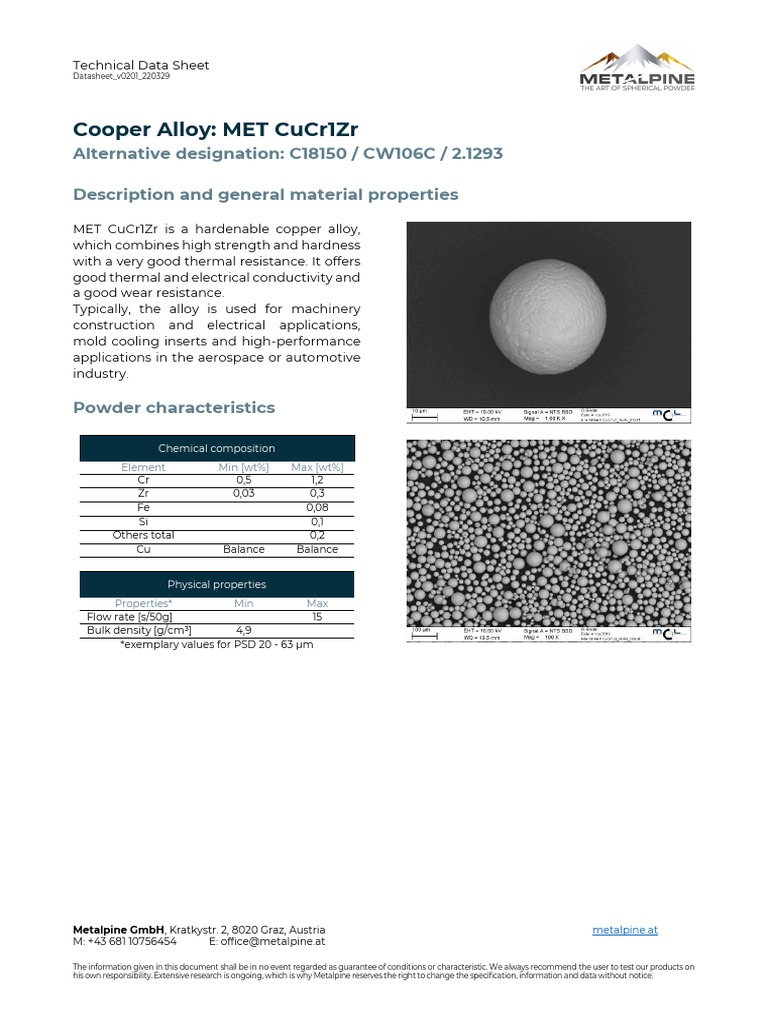 Datasheet MET-CuCr1Zr v0201 220329 | PDF