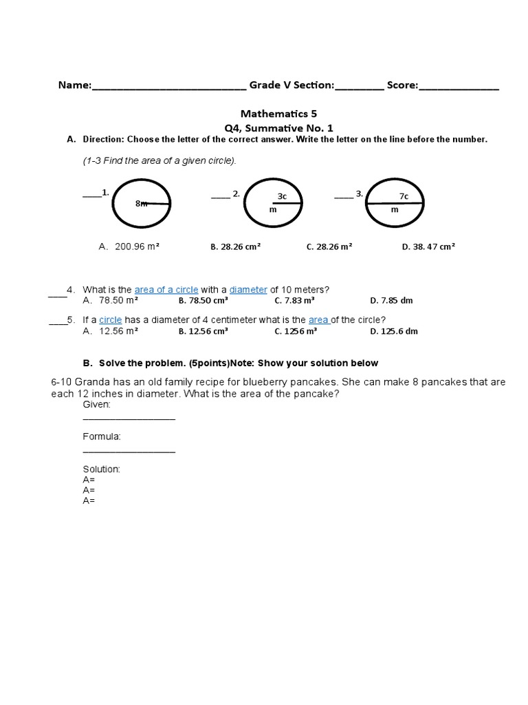 Mathematics Weekly Test Q4 Module 1 & 2 | PDF