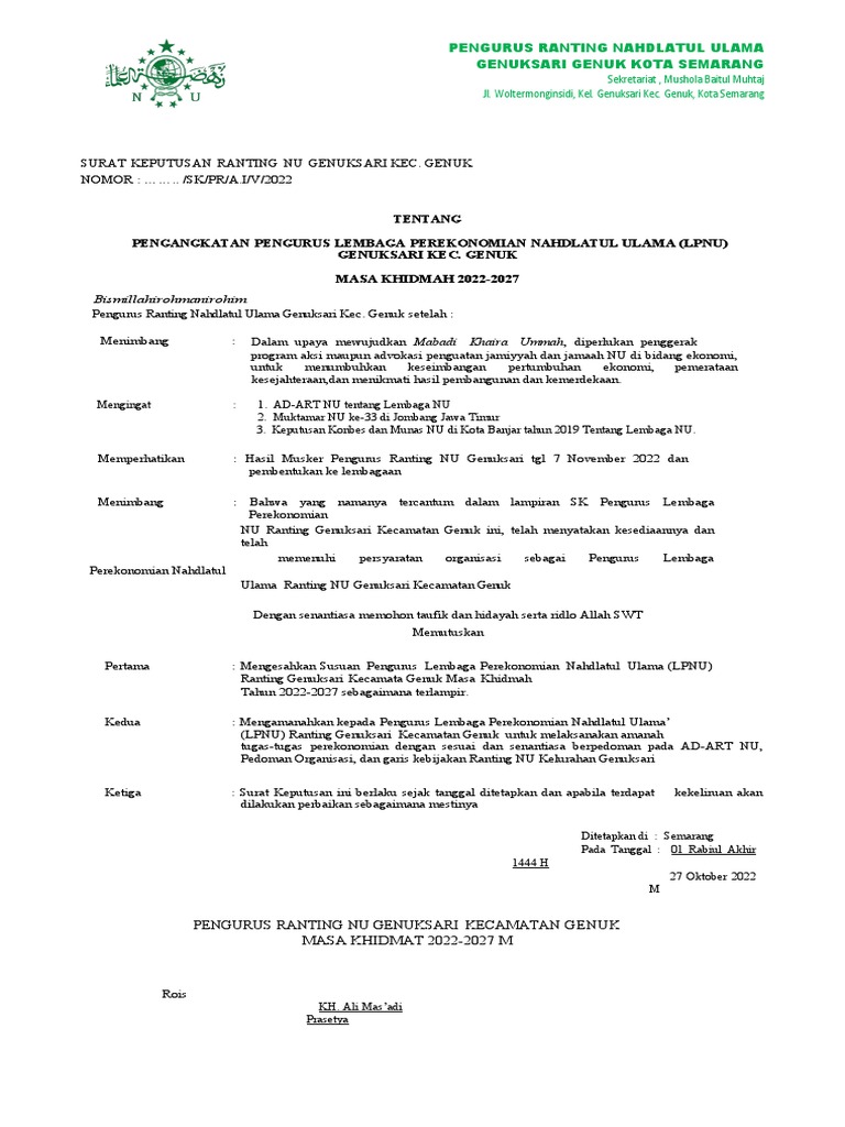 Surat Keputusan Ranting Nu Genuksari | PDF