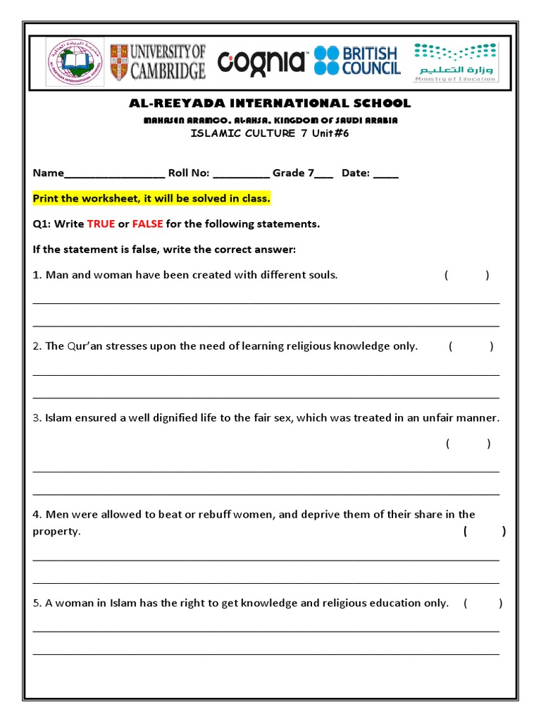 Worksheet GR 7 | PDF | Quran | Islam Worksheet GR 7 | PDF | Quran | Islam