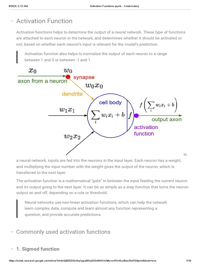 Activation Functions Ipynb Colaboratory Pdf Artificial Neural Network Function