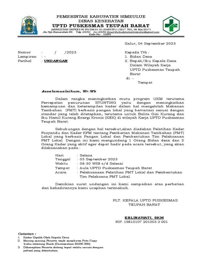 Surat Undangan Kegiatan PMT Lokal 2023 | PDF
