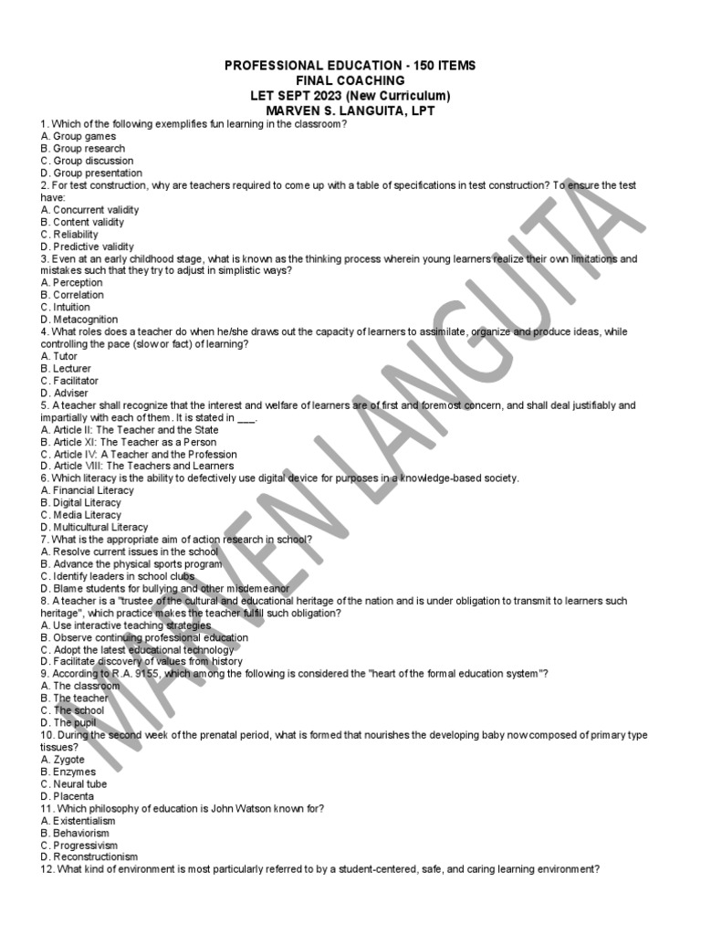Prof Ed Final Coaching LETSEPT 2023 | PDF
