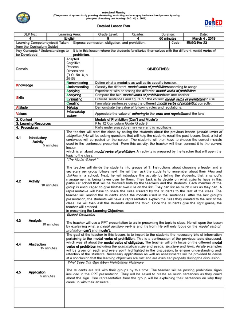 Lesson Plan on Modal Verbs of Prohibition | PDF | Learning | Curriculum