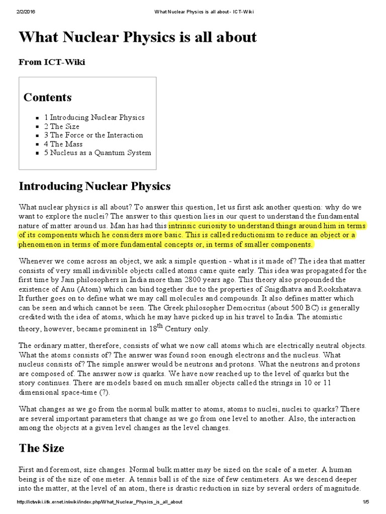 What Nuclear Physics Is All About - ICT-Wiki | PDF | Atomic Nucleus | Atoms