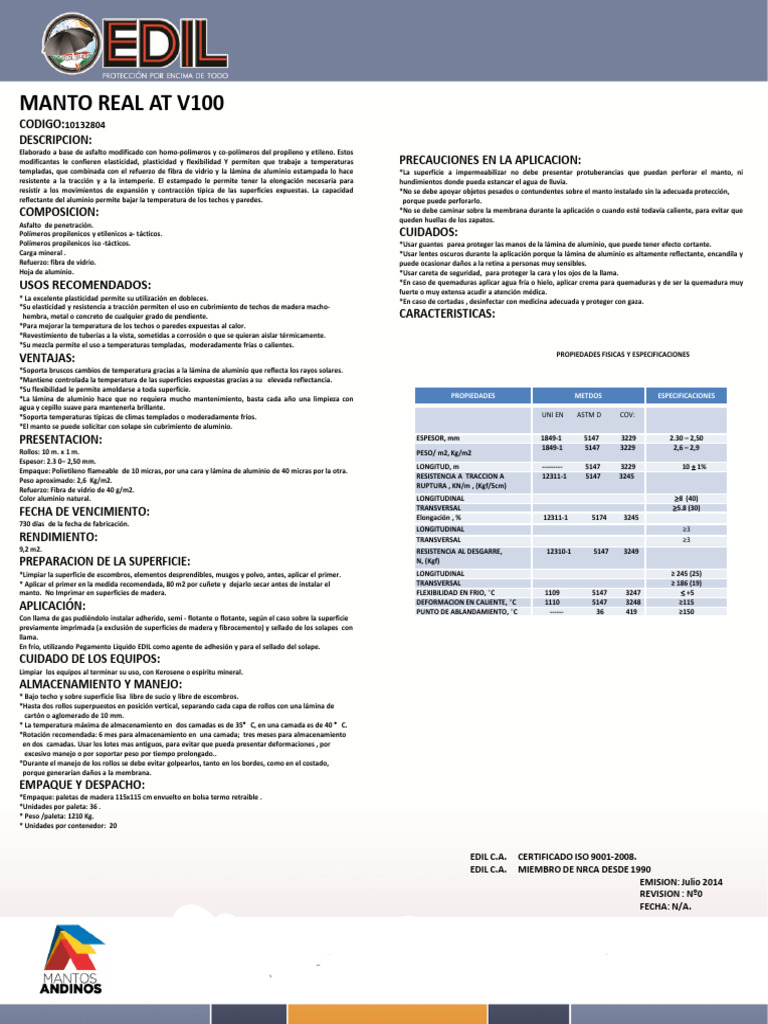 Manto Real AT V100: Ficha Técnica | PDF | Aluminio | Materiales
