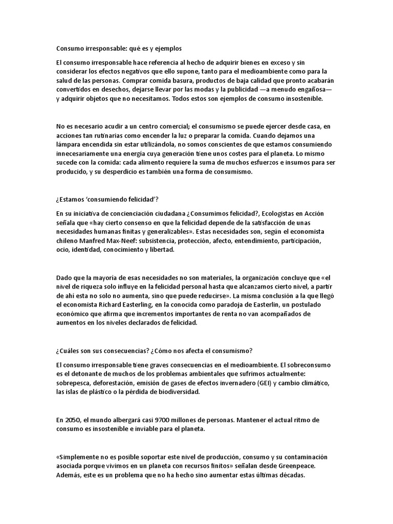 Consumo Irresponsable | PDF | Consumo (economía) | Consumismo