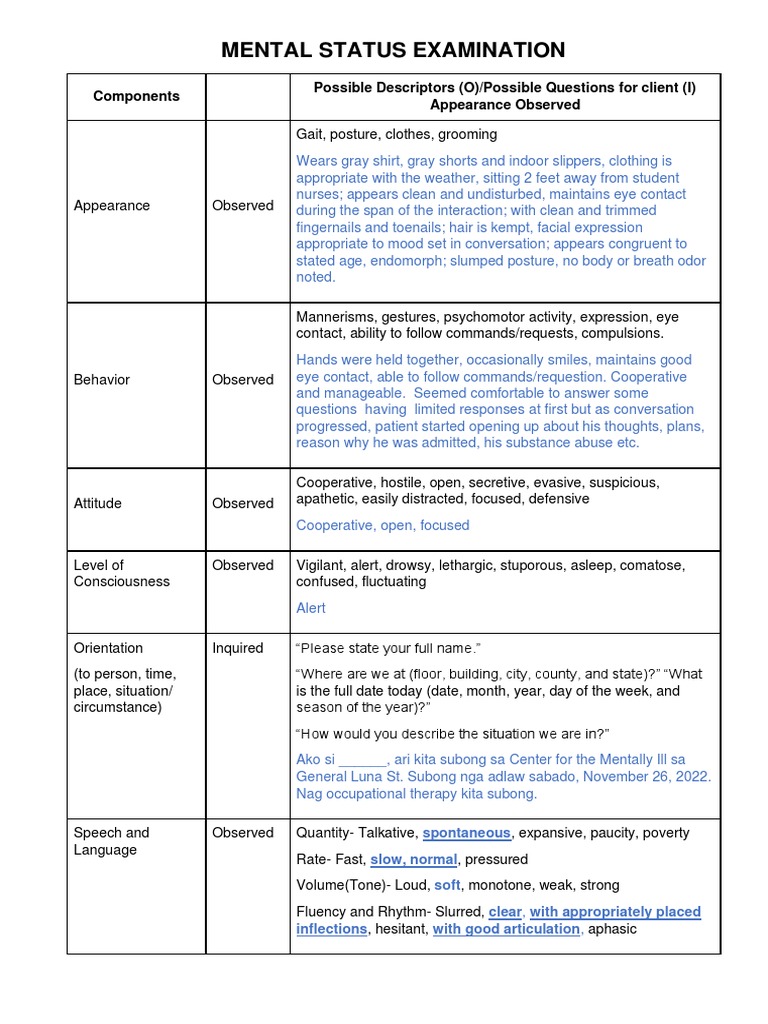 Mental Status Examination: Components Possible Descriptors (O ...