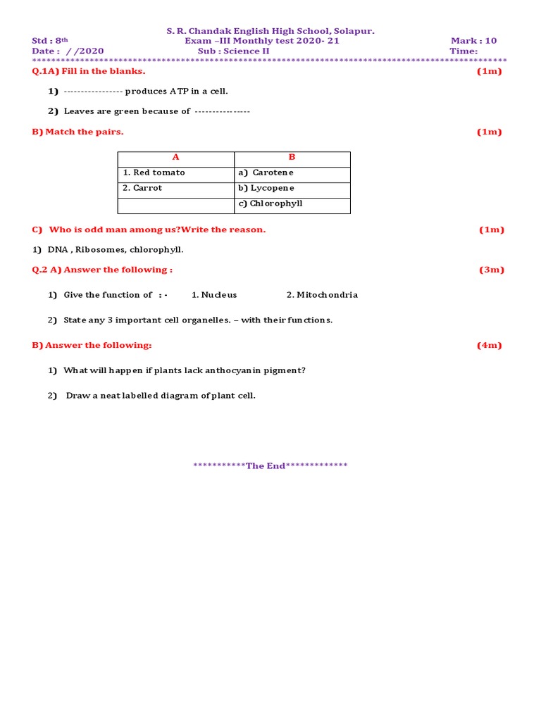 8th Science II III Monthly Test QP 2020 - 21 | PDF