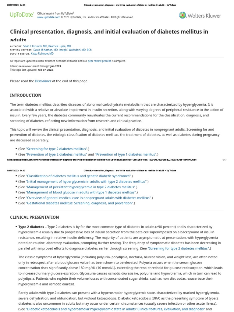 Clinical Presentation, Diagnosis, and Initial Evaluation of Diabetes ...