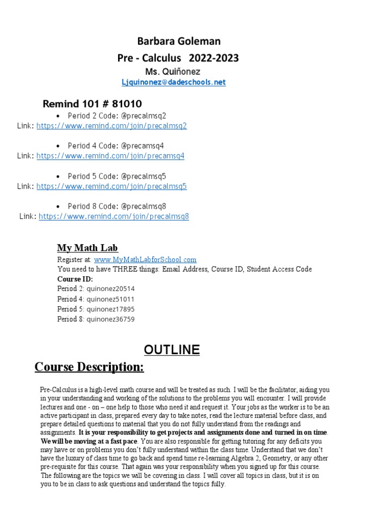 Pre Calculus Outline 2022 | PDF | Mathematics | Mathematical Analysis