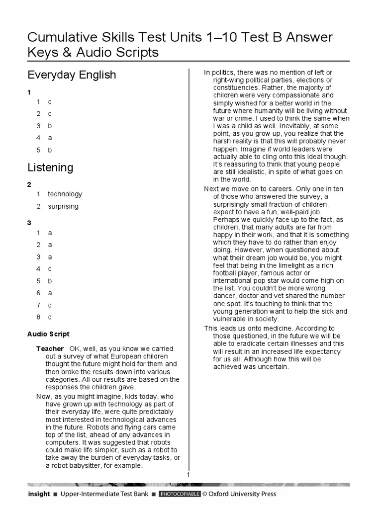 Cumulative Skills Test Units 1-10B Answer Key + Audio Script | PDF ...