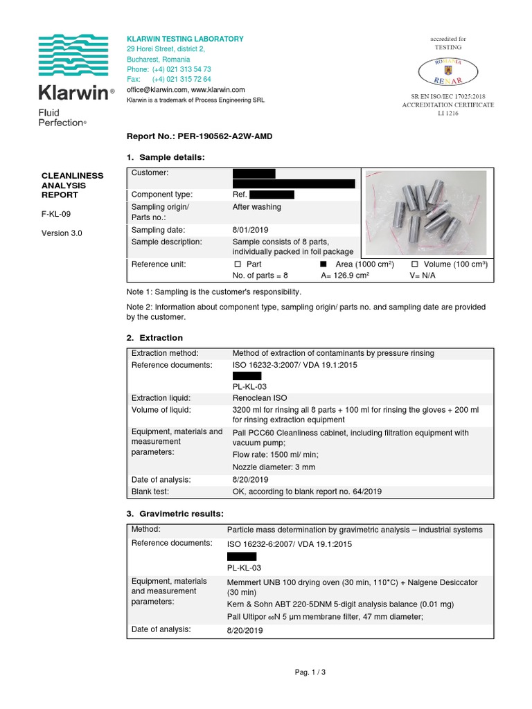 Component Cleanliness Analysis Report | PDF | Filtration | Physical Sciences