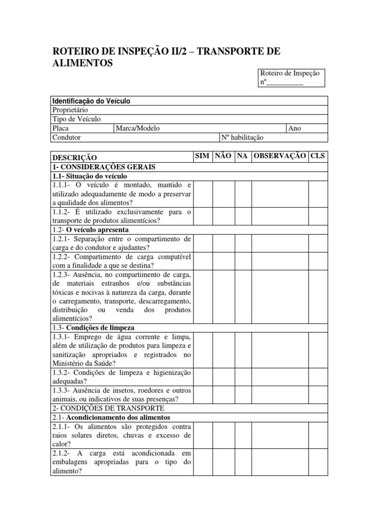 Roteiro de Inspecao II - Transporte de Alimentos | PDF | Tecnologia e ...