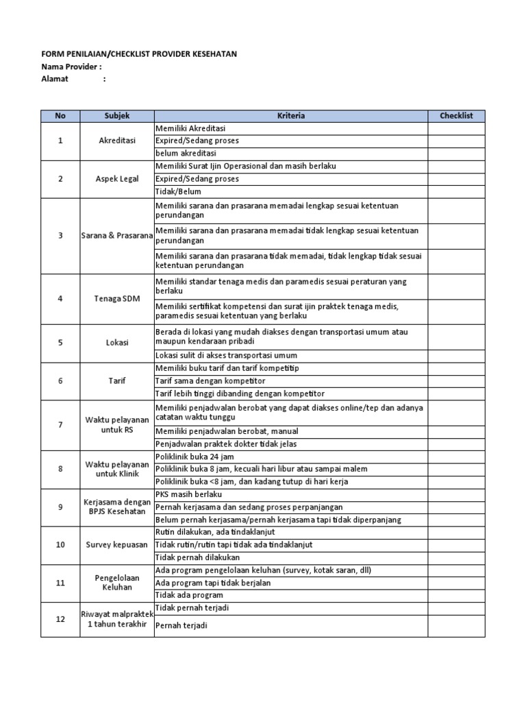 Draft Checklist Penilaian Provider | PDF | Pengembangan Diri