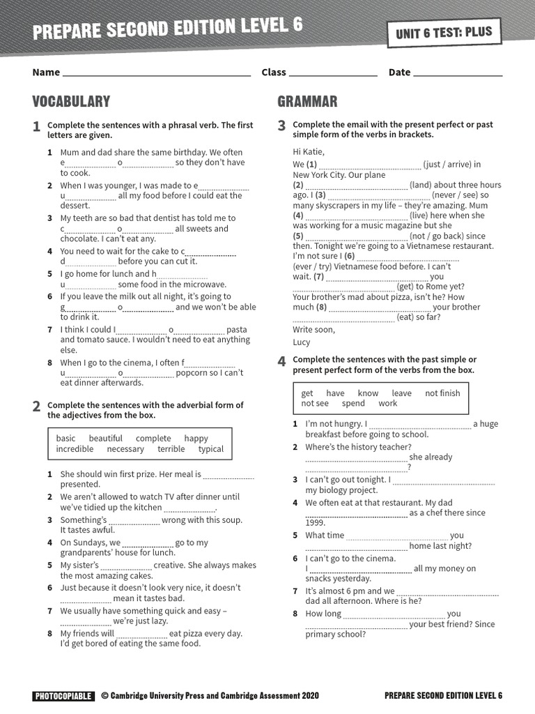 Prepare Level 6 Unit 6 Test | PDF | Meal | Cuisine