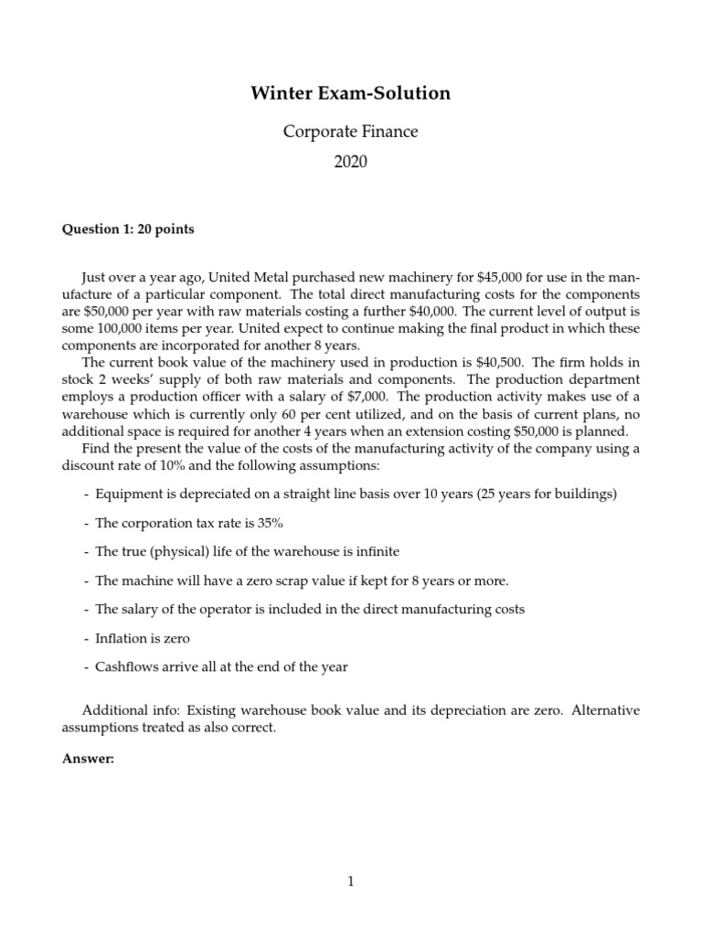 Winter Exam-Solution: Corporate Finance 2020 | PDF