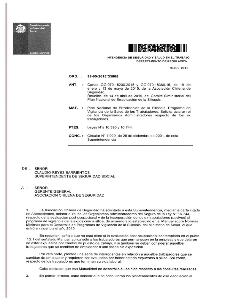 Oficio SUSESO-Post Ocupacional | PDF