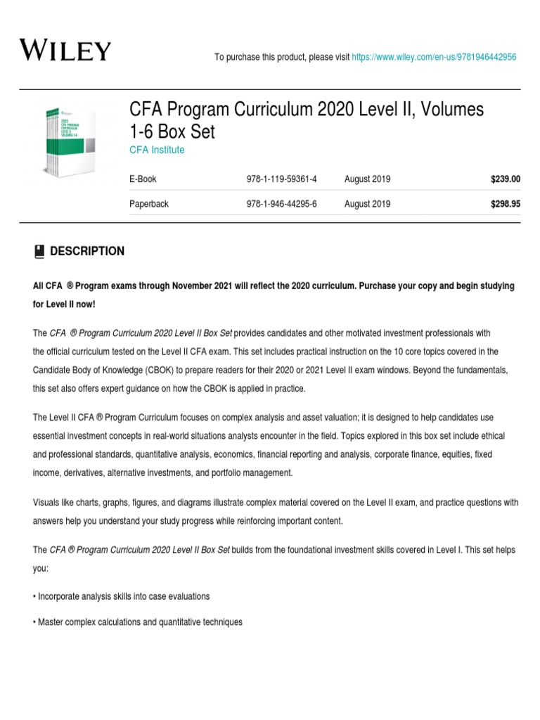 Wiley - CFA Program Curriculum 2020 Level II, Volumes 1-6 Box Set - 978 ...