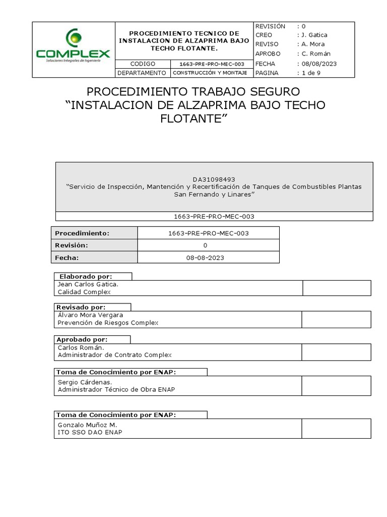1663-PRE-PRO-MEC-003 - 0 INSTALACION DE ALZAPRIMA BAJO TECHO FLOTANTE - Rev (004) 06-09.23 | PDF ...