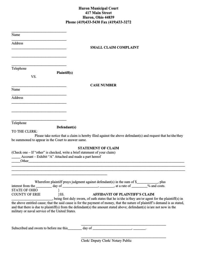 Huron Small Claims Complaint Form | PDF | Complaint | Service Of Process