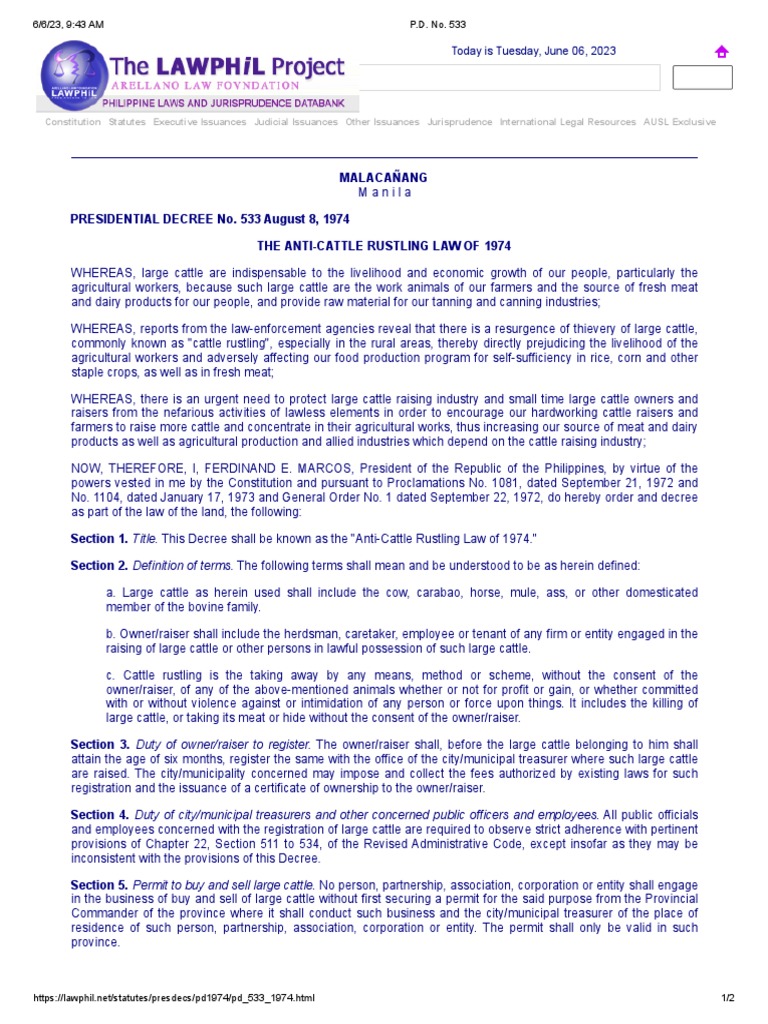 P.D. No. 533 - THE ANTI-CATTLE RUSTLING LAW OF 1974 | PDF | Cattle ...