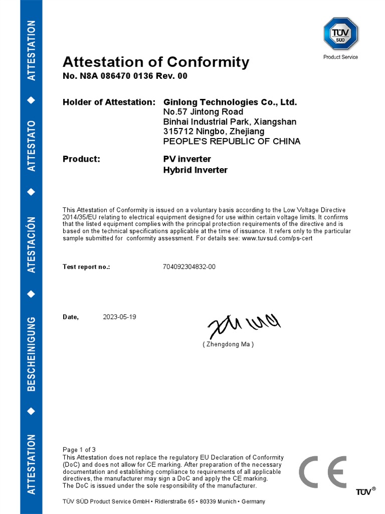 Solis Certificate en 62109 1 (2) S6 EH1P (3 8) K L PRO Safety V01 | PDF ...