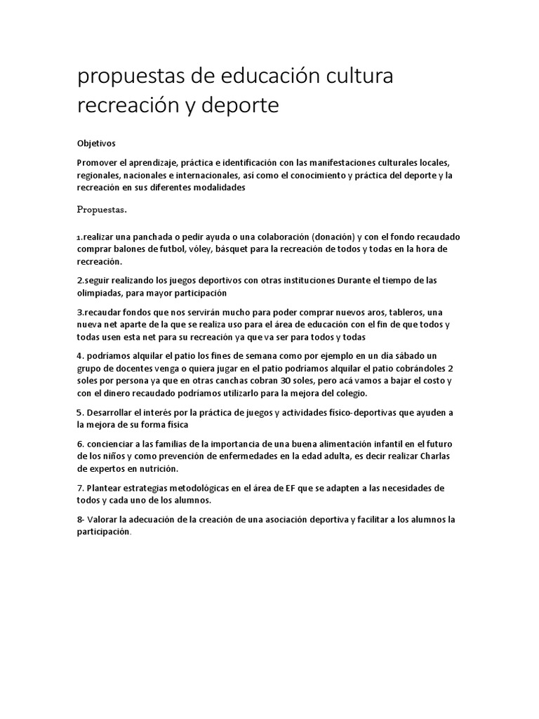 Propuestas de Educación Cultura Recreación y Deporte | PDF