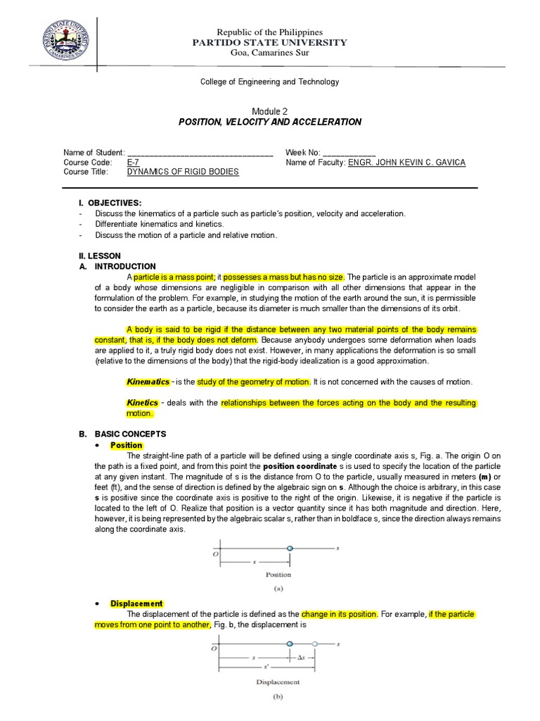 Module 2 Position Velocity Acceleration Tech Pdf Euclidean Vector
