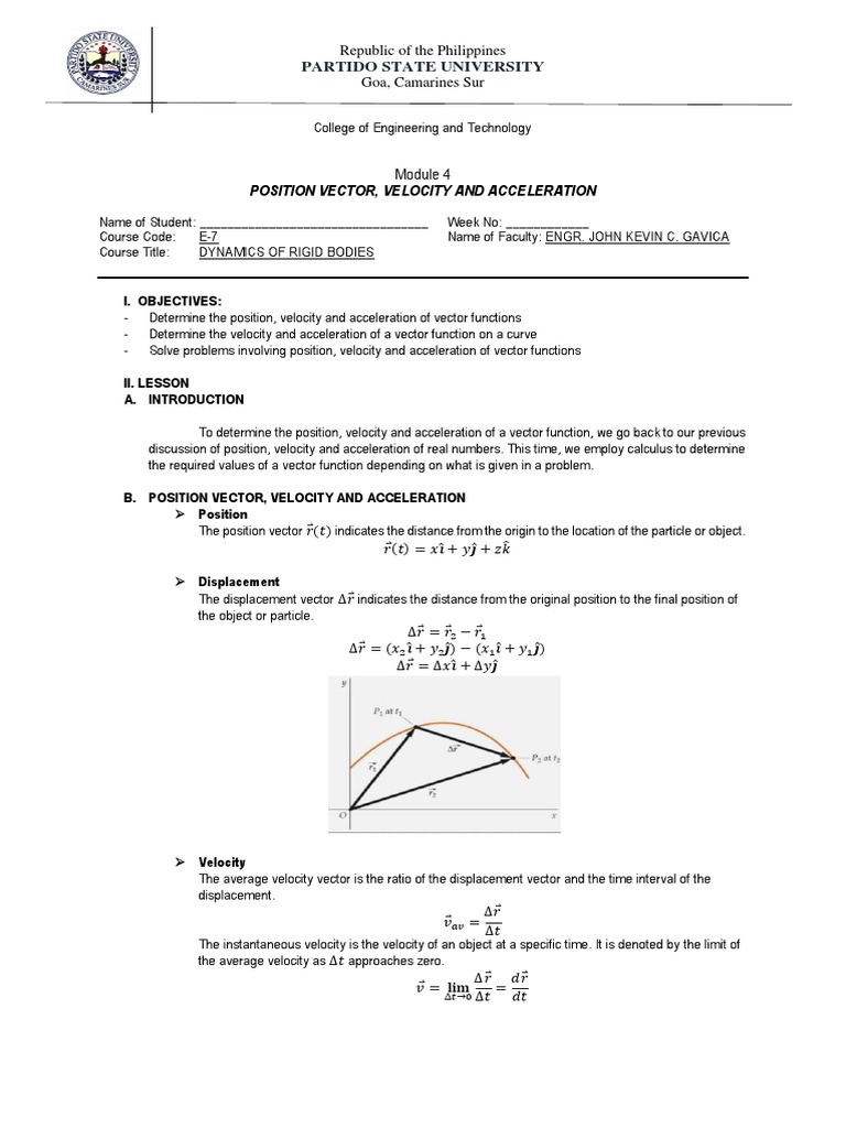 Module 4 - Position Vector, Velocity and Acceleration R - 478cb81cb2c788e5e0b86398 - 1 | PDF ...