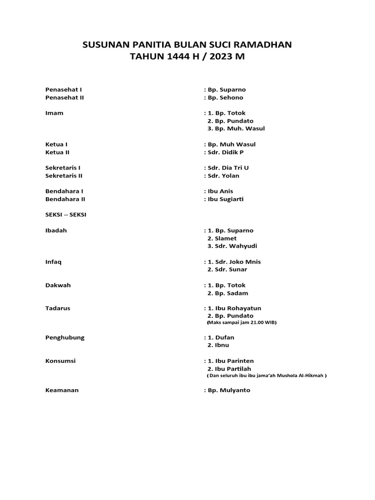 Susunan Panitia Bulan Suci Ramadhan | PDF