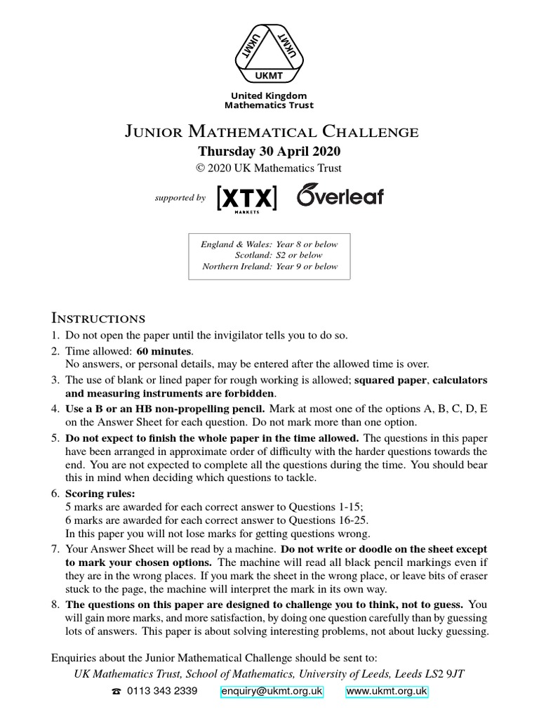 Junior Mathematical Challenge 2020 Guide | PDF | Triangle | Area