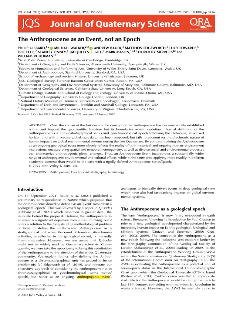 J Quaternary Science - 2022 - Gibbard - The Anthropocene As An Event ...