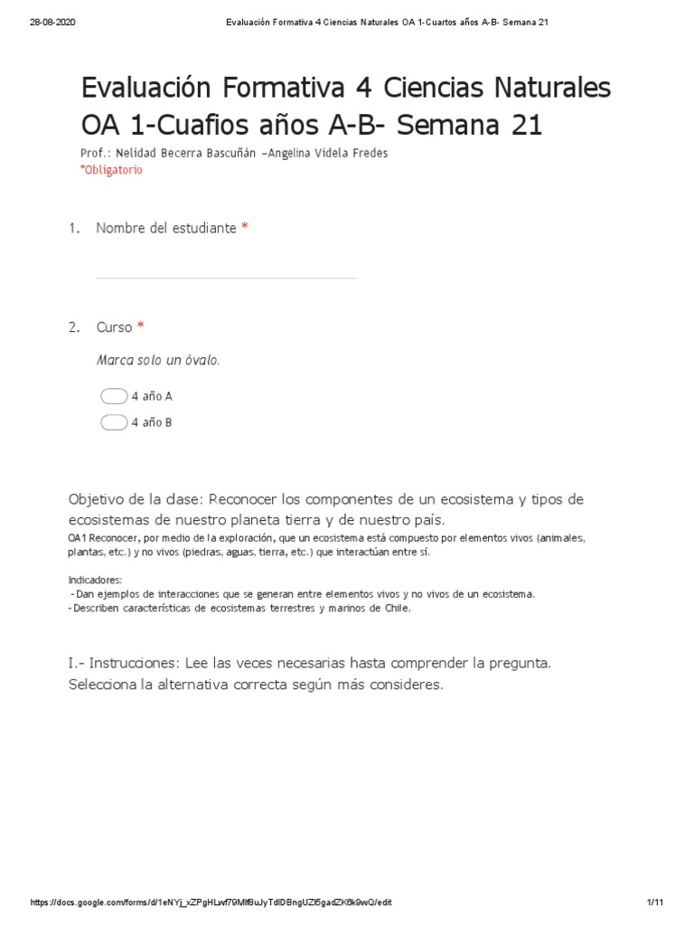 Ciencias Evaluacionformativa4 Cuartosab Oa1 Semana21 | PDF | Ecosistema | Plantas