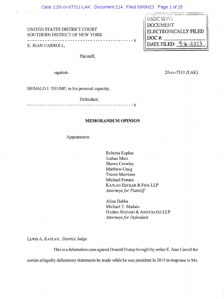 Judge Kaplan Ruling On E. Jean Carroll Case | PDF | Finance & Money ...