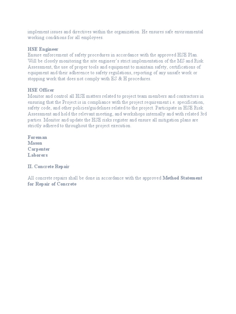 Structured Method Statement For Concrete Repair - 6 | PDF | Concrete | Safety