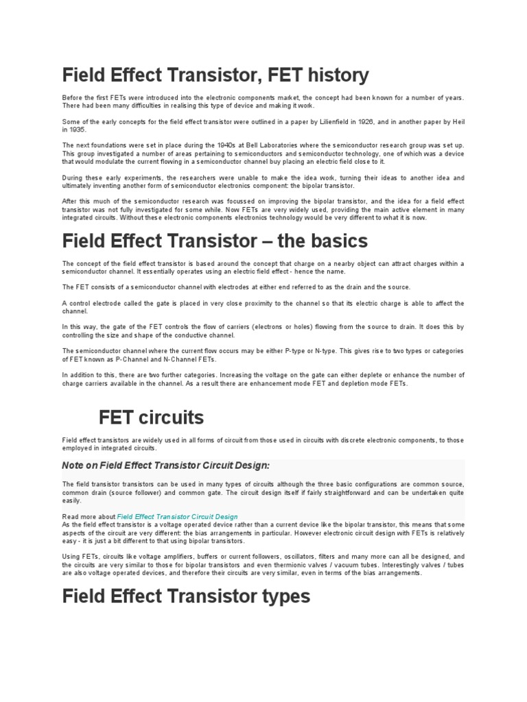 History and Basics of FETs | PDF | Field Effect Transistor | Transistor