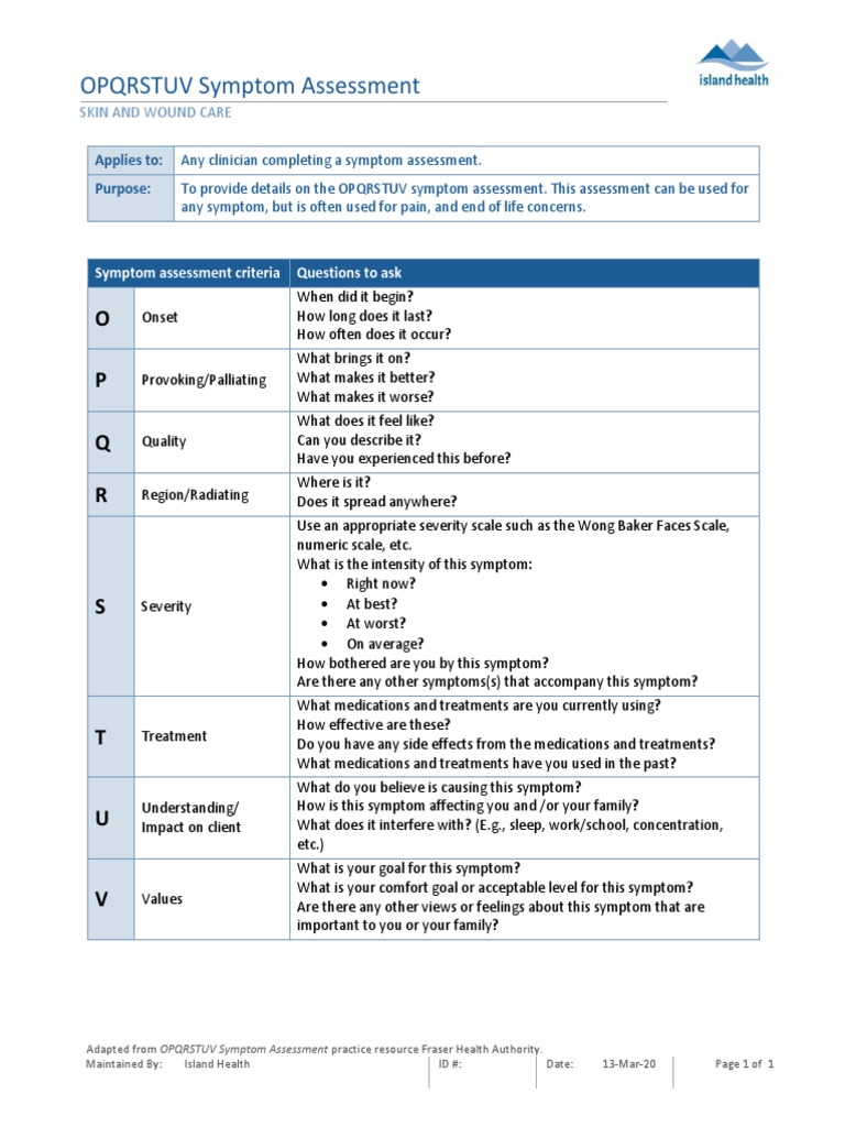 OPQRSTUV Pain Assessment Guide | PDF | Palliative Care | Health Sciences