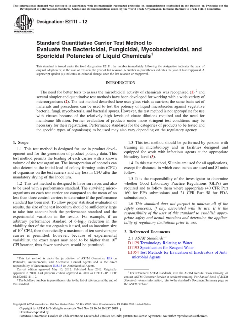 ASTM E2111 Evaluate The Bactericidal, Fungicidal, Mycobactericidal, and ...