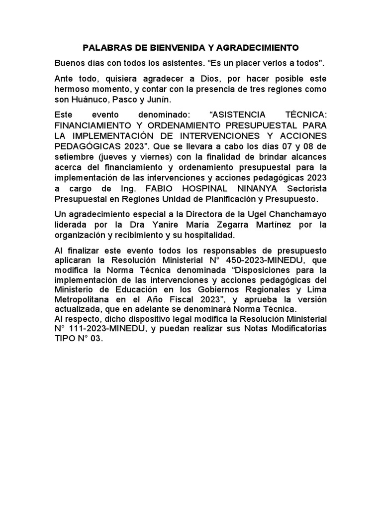 Palabras de Bienvenida y Agradecimiento | PDF