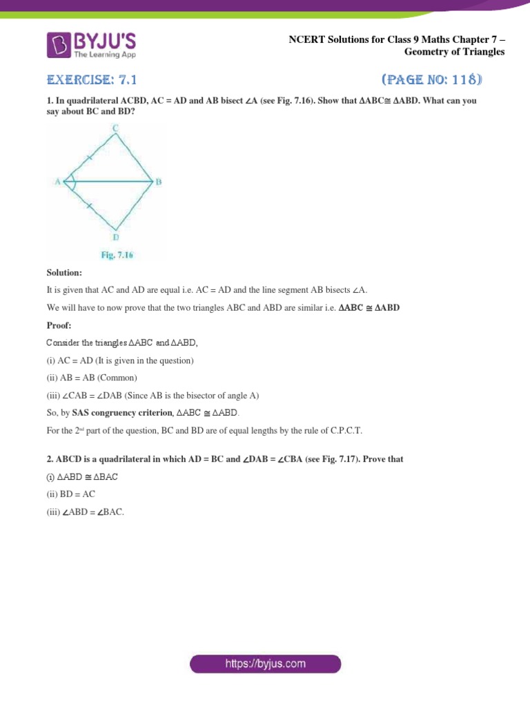 NCERT Solutions For Class 9 Maths Chapter 7 Geometry of Triangles | PDF | Triangle | Perpendicular
