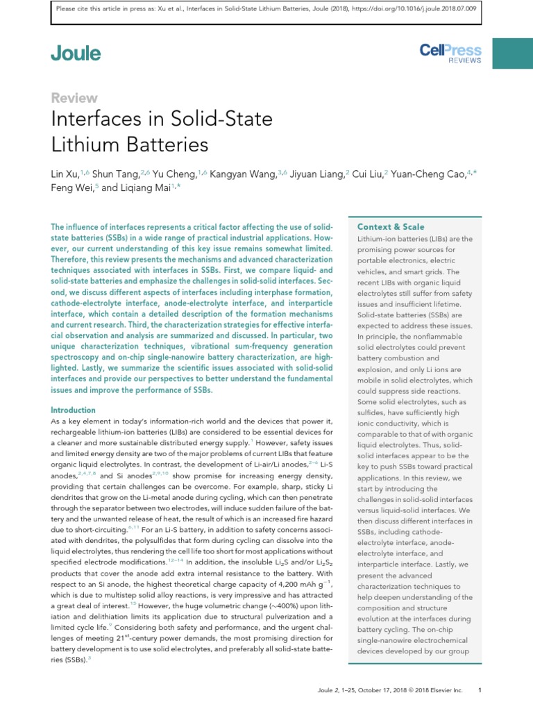 Interfaces in Solid-State Lithium Batteries | PDF | Lithium Ion Battery | Electrolyte
