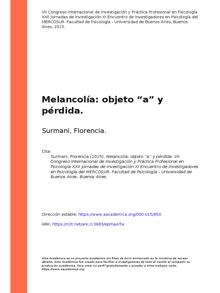 Surmani, Florencia (2015) - Melancolía: Objeto A y Pérdida | PDF | Jacques Lacan | Sicología