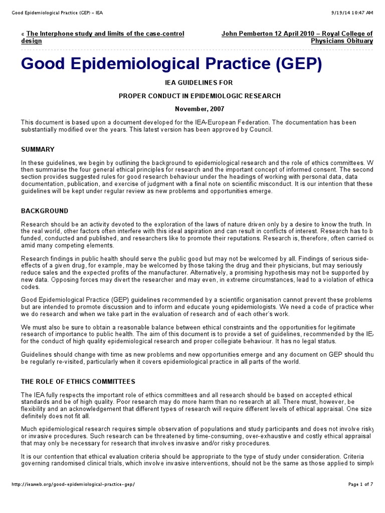 Good Epidemiological Practice (GEP) IEA | PDF | Informed Consent ...