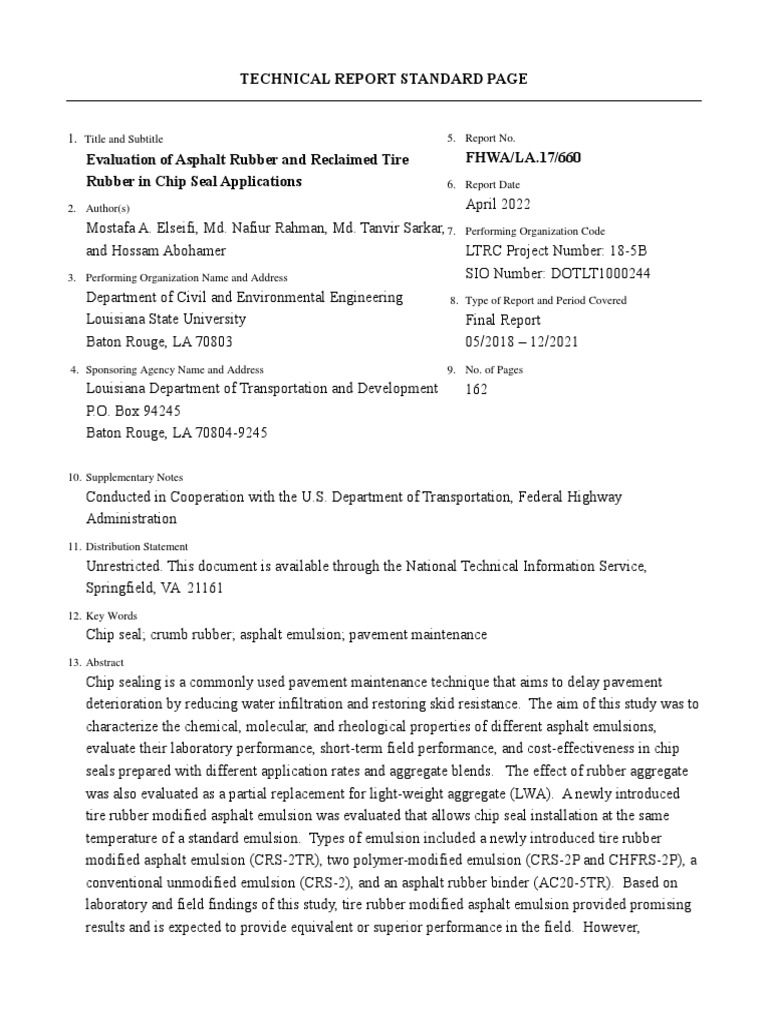LTRC Final Report 660 Evaluation of Asphalt Rubber and Reclaimed Tire Rubber in Chip Seal ...