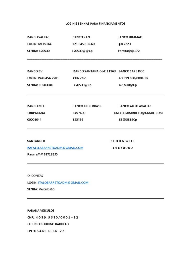Login e Senhas para Financiamentos | PDF