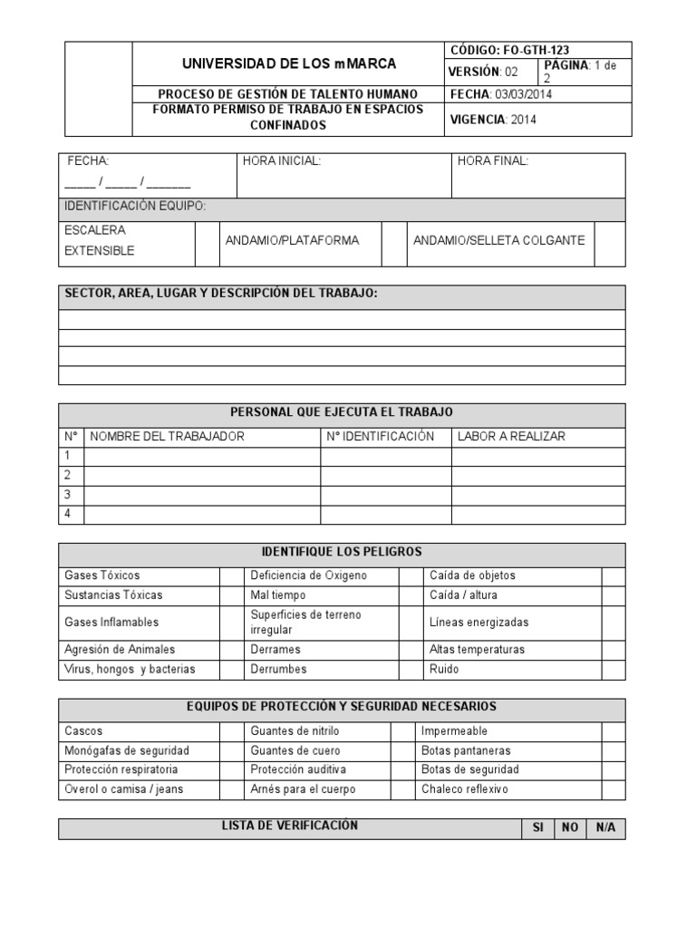 Fo-Gth-123 Formato Permiso de Trabajo en Espacios Confinados | PDF